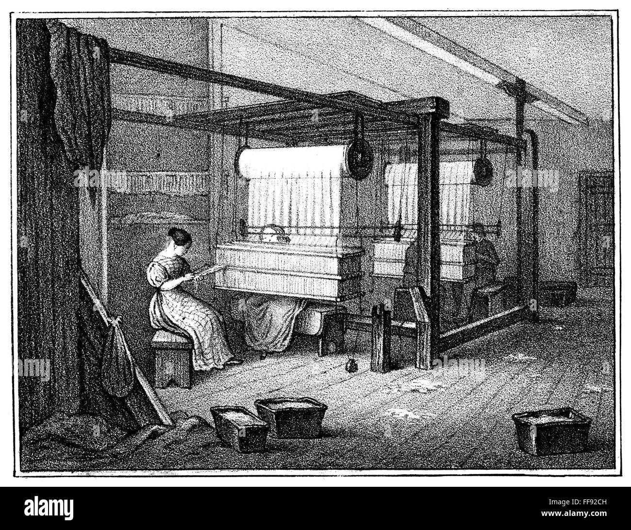 TEXTILE MANUFACTURE, 1840. /nReeding and drawing-in. Interior view of a ...