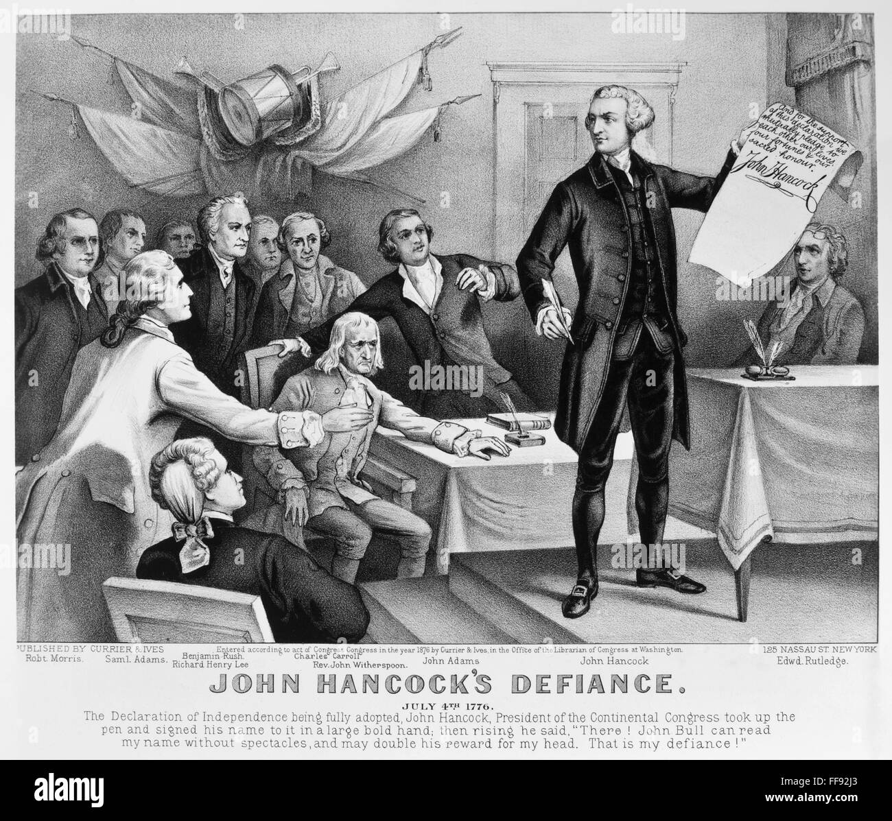 DECLARATION OF INDEPENDENCE. /n'John Hancock's Defiance.' Lithograph ...