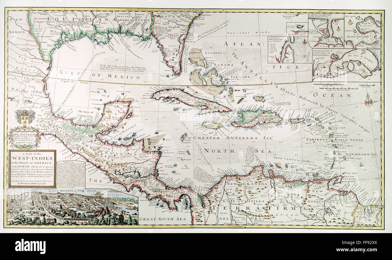 WEST INDIES MAP, 1715. /nMap of the West Indies and adjacent lands of ...