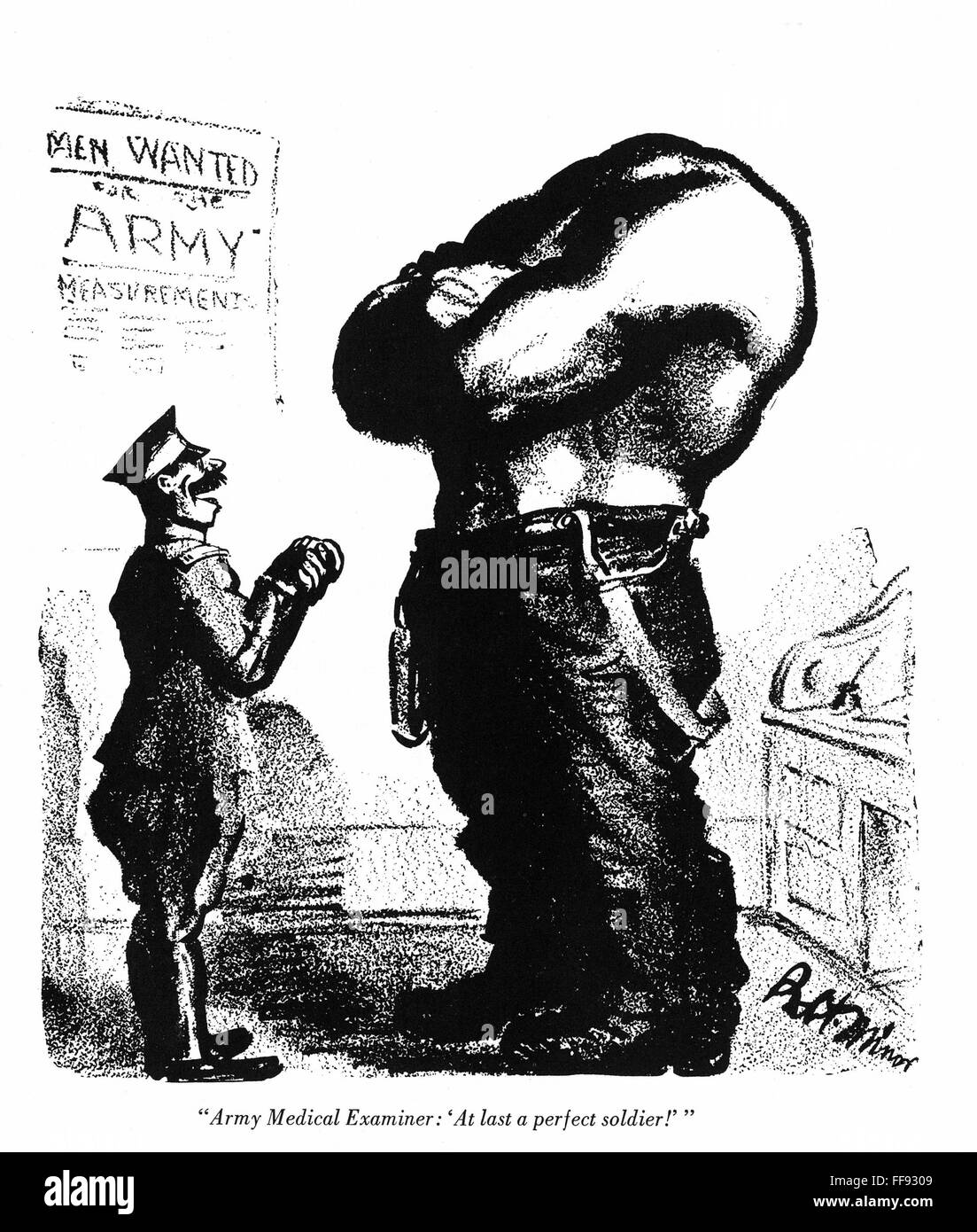 CARTOON: RECRUITMENT, 1915. /n'Army Medical Examiner: "At last, a ...