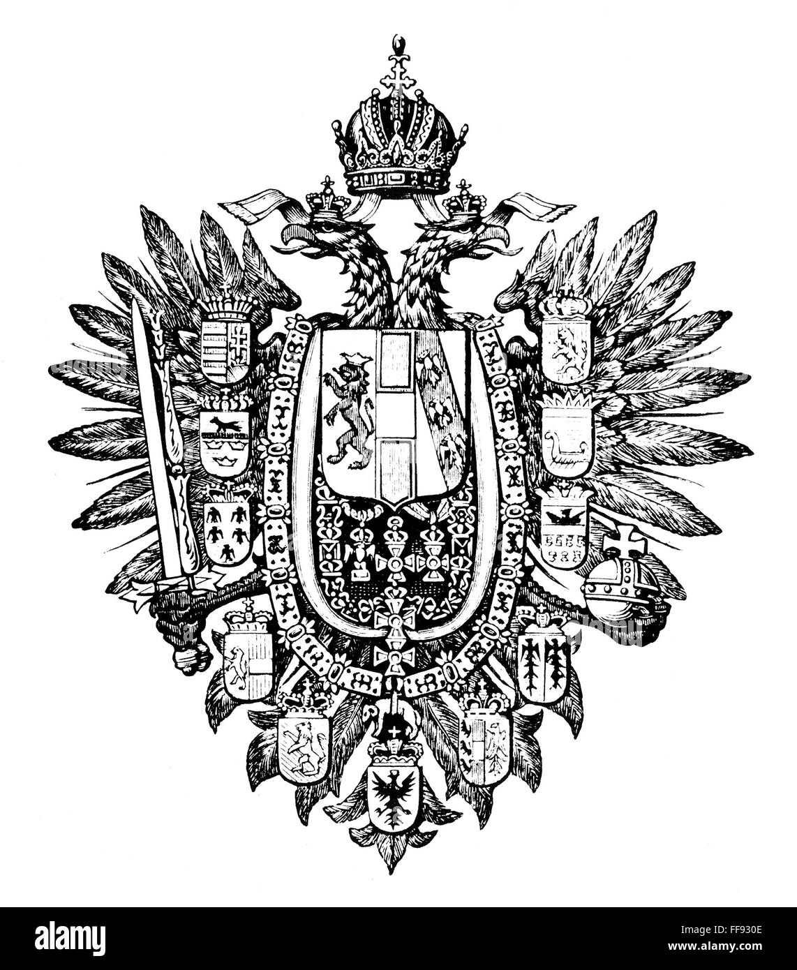 AUSTRIAN COAT OF ARMS. /nImperial Austrian coat of arms. Line engraving ...