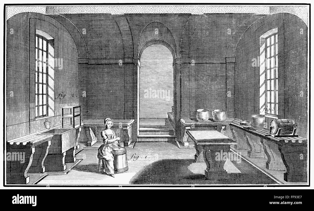 BUTTER CHURNING. /nA milkmaid works her churn. Copper engraving, French ...