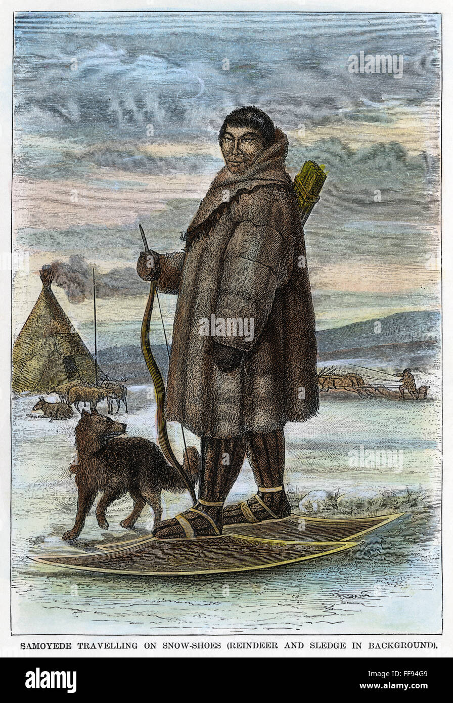 ESKIMO HUNTER AND DOG. /nAn Eskimo going hunting with his dog and bow ...