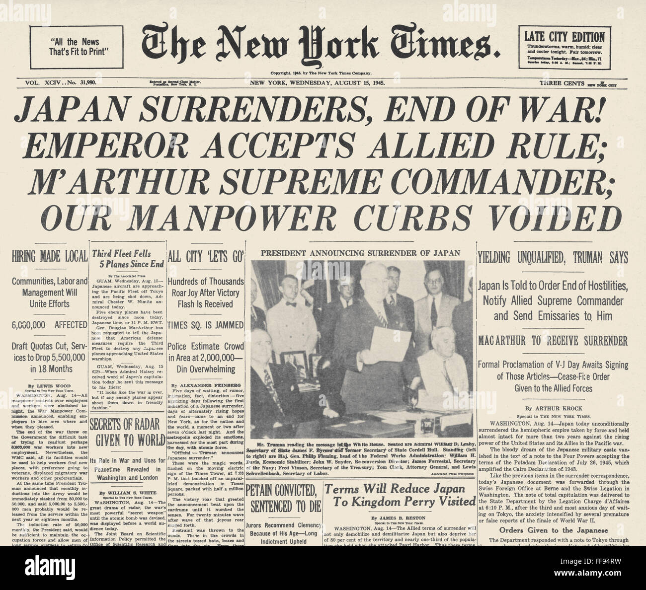 WWII: V-J DAY. /nThe front page of The New York Times, 15 August 1945 ...