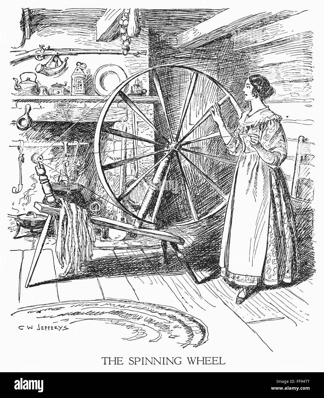 COLONIAL SPINNER. /nSpinning at the hearth of a colonial American home ...