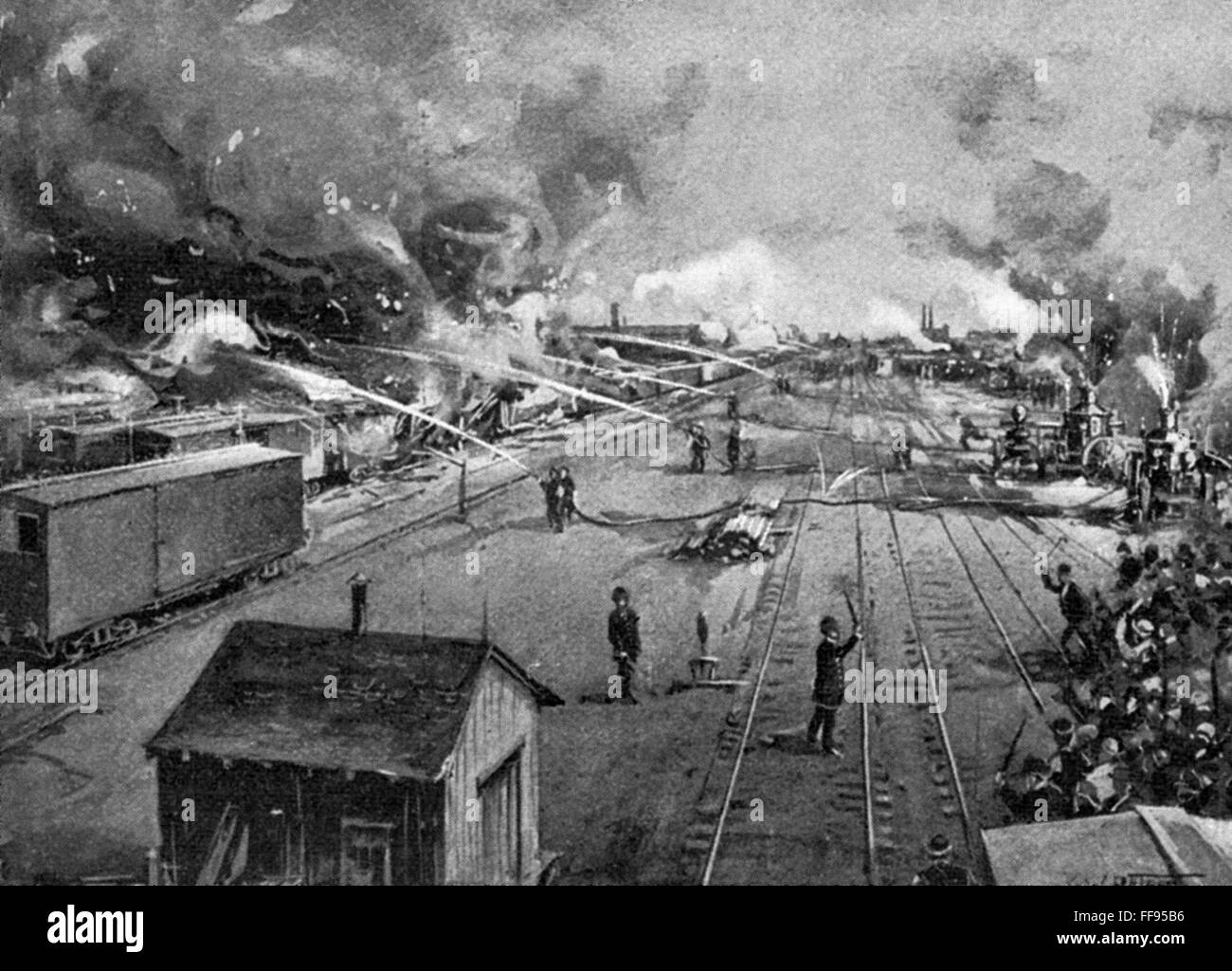 PULLMAN STRIKE, 1894. /nFreight cars burning at the Illinois Central Railroad yards in ...