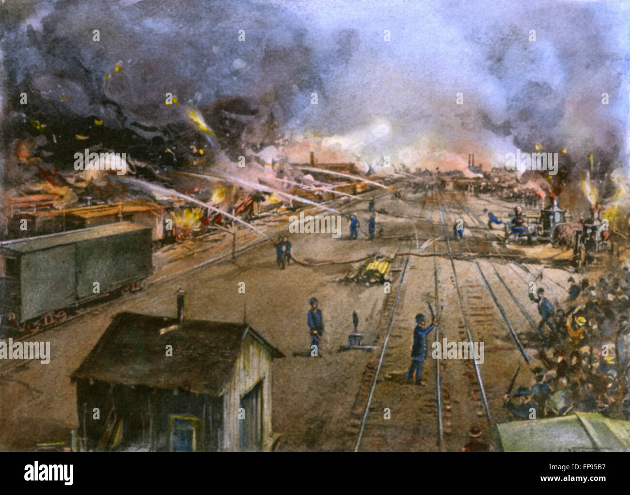 PULLMAN STRIKE, 1894. /nFreight cars burning at the Illinois Central ...