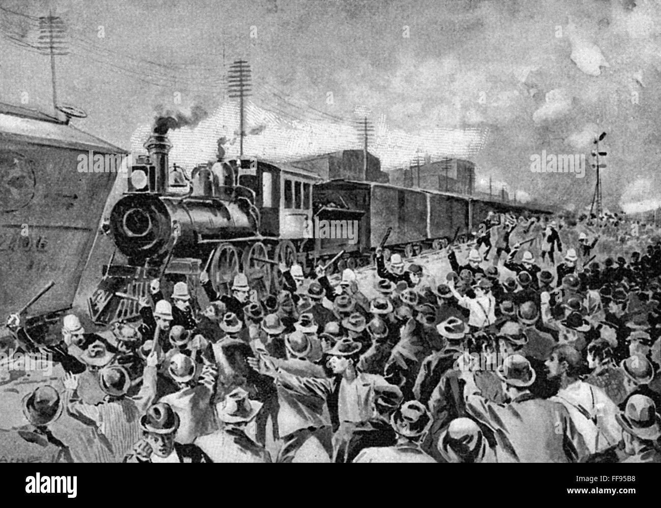 PULLMAN STRIKE, 1894. /nChicago police trying to quell a mob of rioting ...