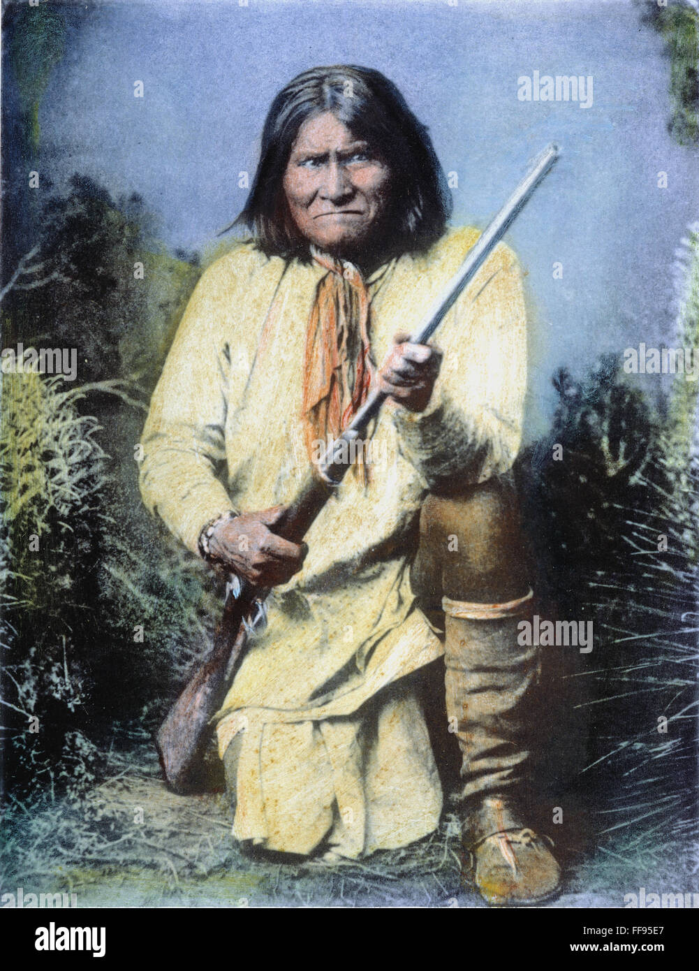 GERONIMO (1829-1909). /nAmerican Apache leader. Oil over a photograph ...