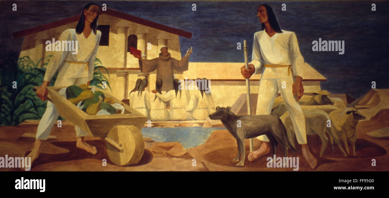 CALIFORNIA MISSION. /nFranciscan monk and Native Americans at ...