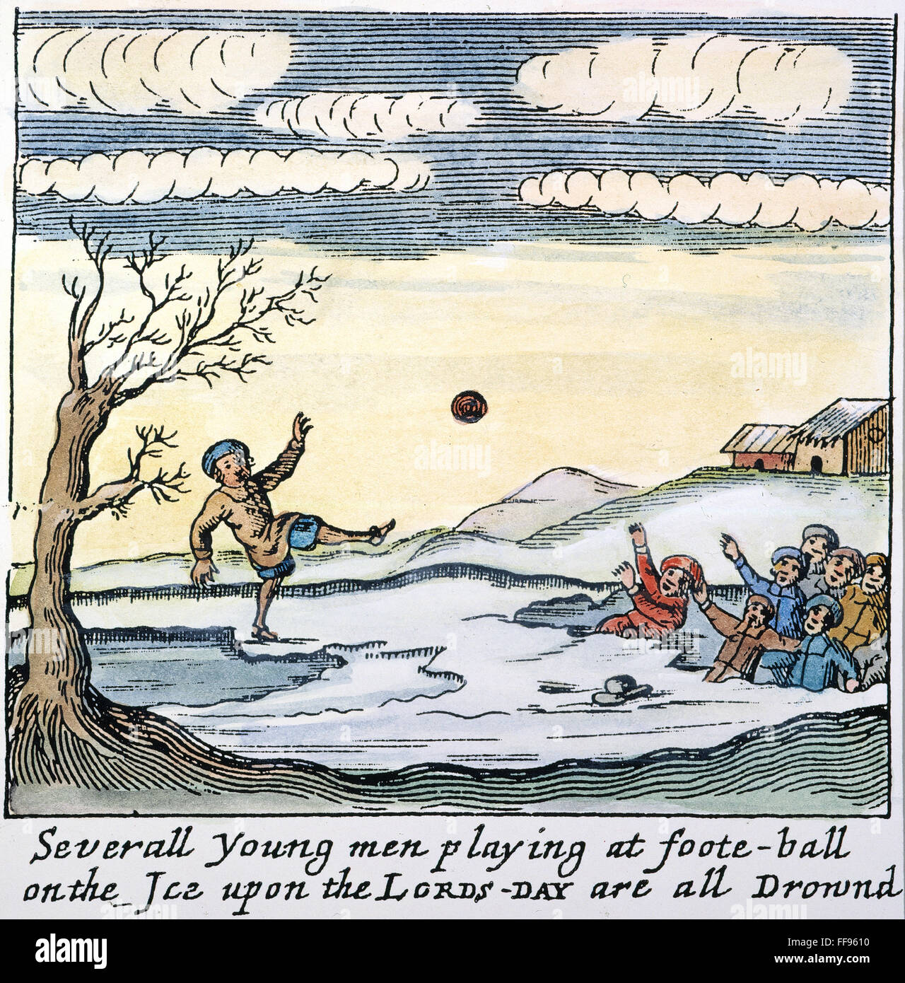 SABBATH BREAKERS, 1671. /nPuritan boys playing football on a Sunday are ...
