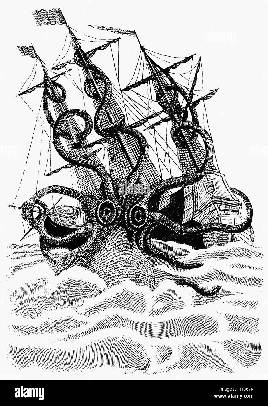 GIANT OCTOPUS. /nA giant octopus attacking a vessel. Line engraving ...