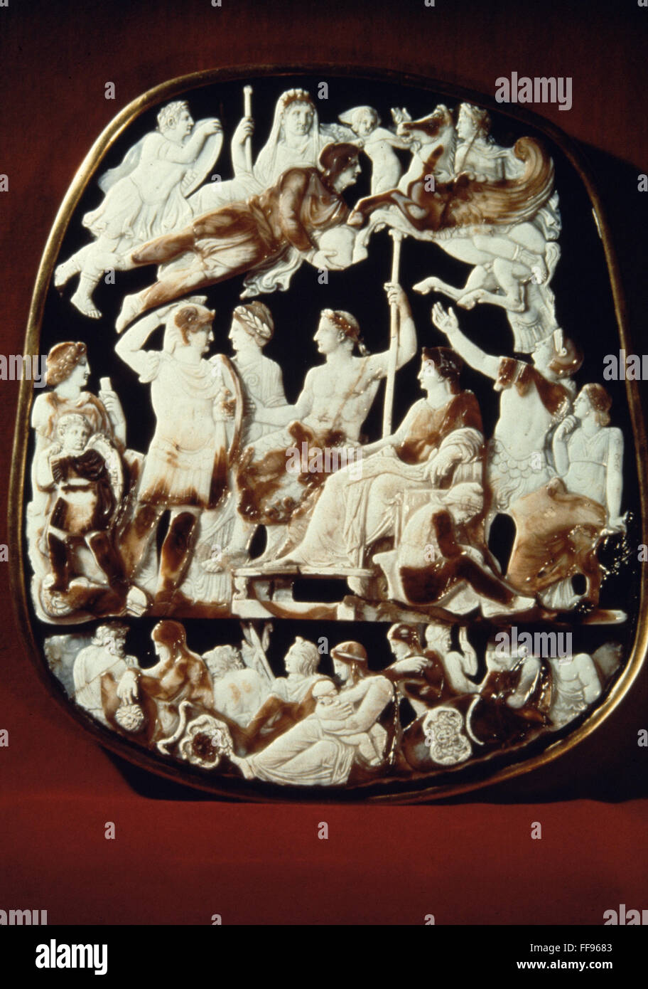 TIBERIUS (14-27 AD). /nGlorification of Tiberius, surrounded by the ...