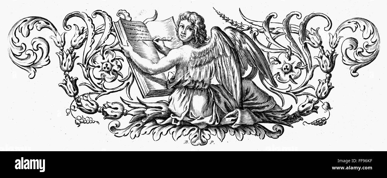 ANGEL WRITING. /nCopper engraving, French, 18th century Stock Photo - Alamy