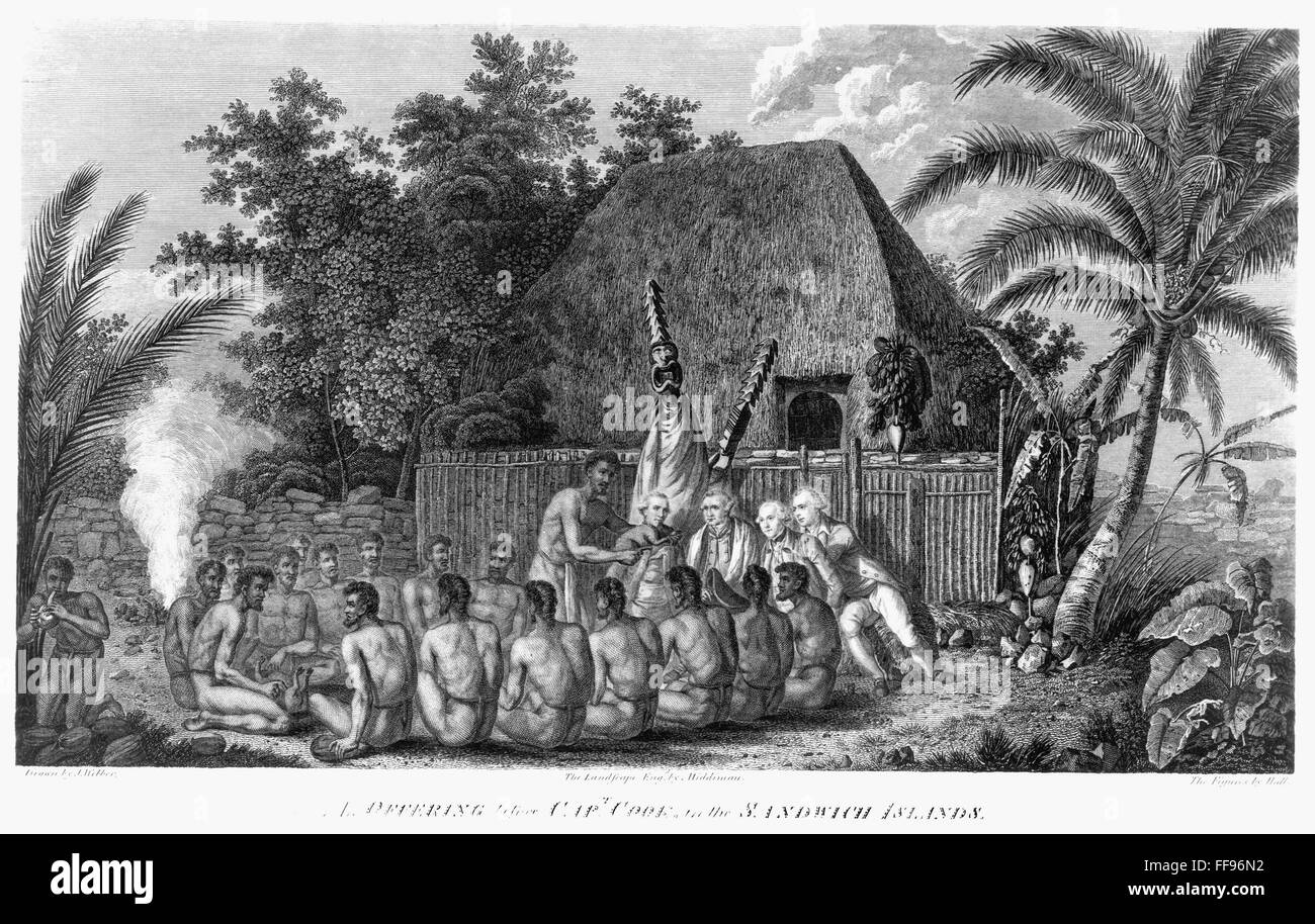 COOK'S FIRST VOYAGE, 1773. /nAn offering before Captain (James) Cook in ...