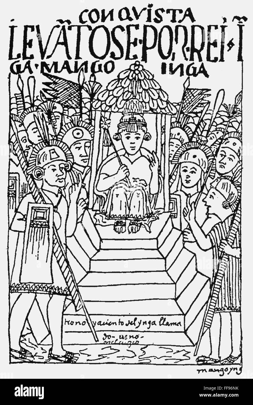 INCA KING. /nAn Inca king on his throne. Drawing from 'El primer nueva ...