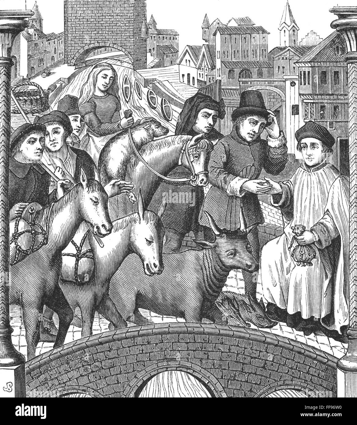 MEDIEVAL TOLL BRIDGE. /nA medieval party paying the toll to cross a ...