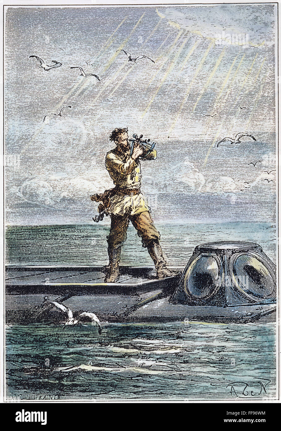 VERNE: 20,000 LEAGUES, 1870. /nCaptain Nemo atop the Nautilus taking ...