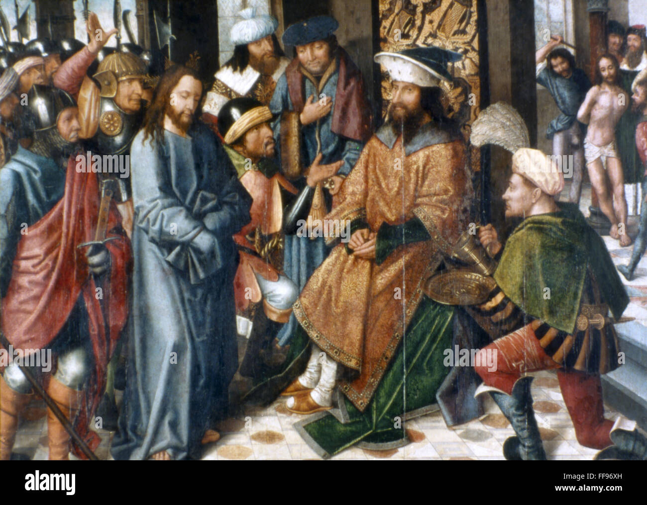 JESUS BEFORE PILATE. /nFlemish retable painting, 16th century Stock ...