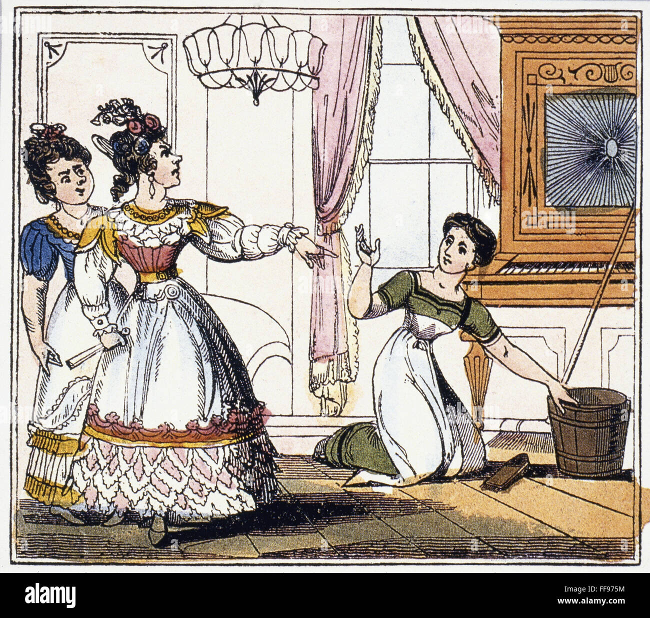 CINDERELLA AND SISTERS/nCinderella cleans the floor as her sisters go ...