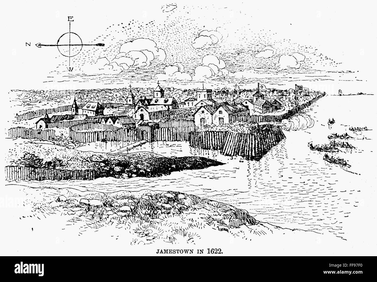 JAMESTOWN SETTLEMENT. /nA view of Jamestown, Virginia, in 1622. Wood ...