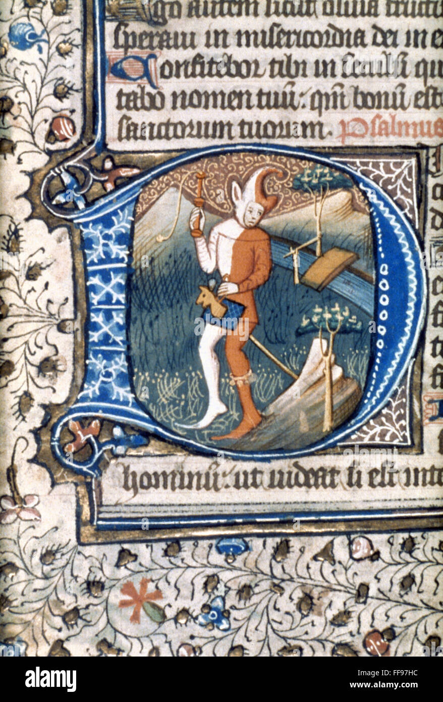 FOOL ON HOBBY HORSE. /nIlluminated initial 'D' from an English psalter ...