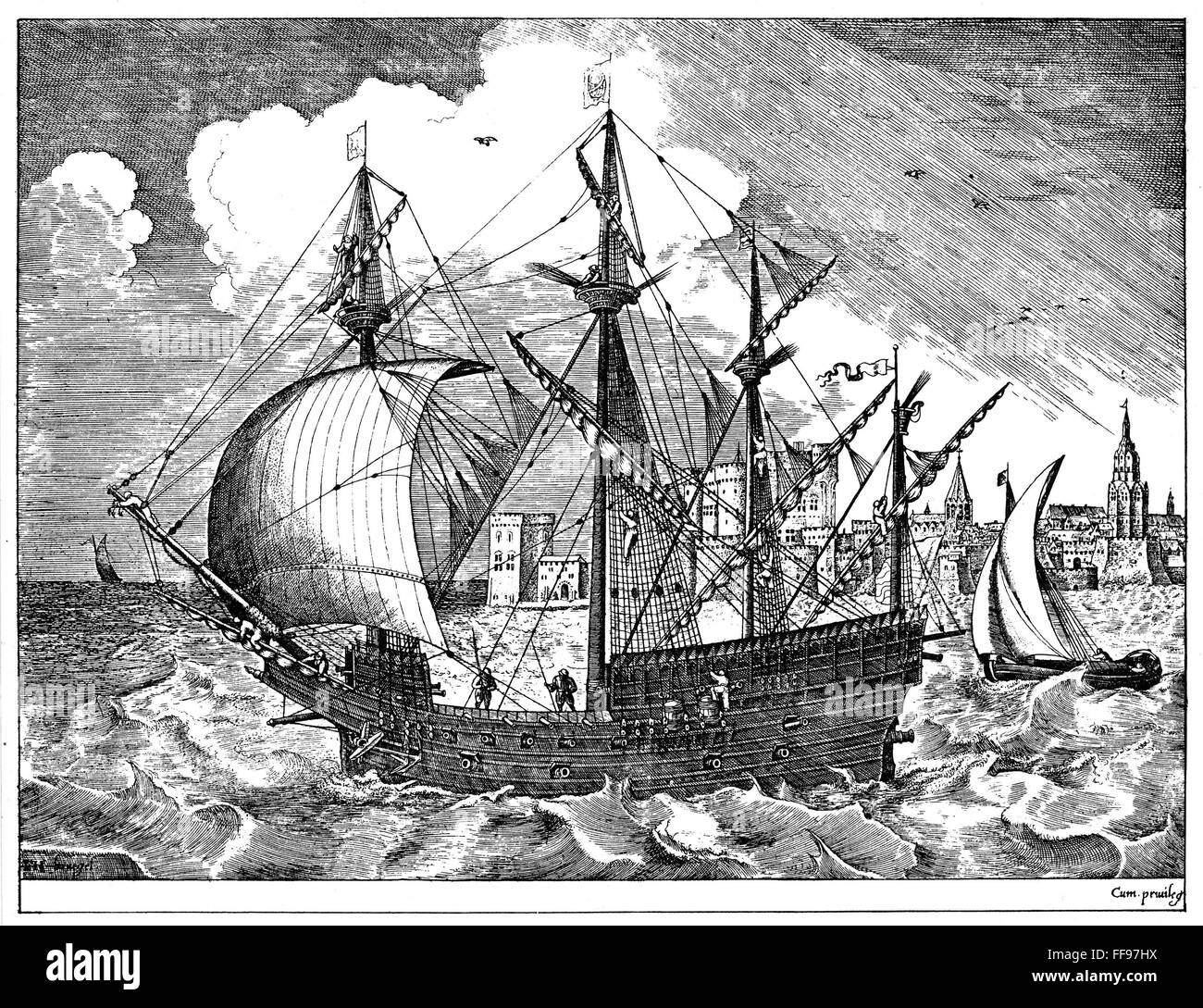 MAN OF WAR, c1565. /nMan of War with three small ships at right and ...
