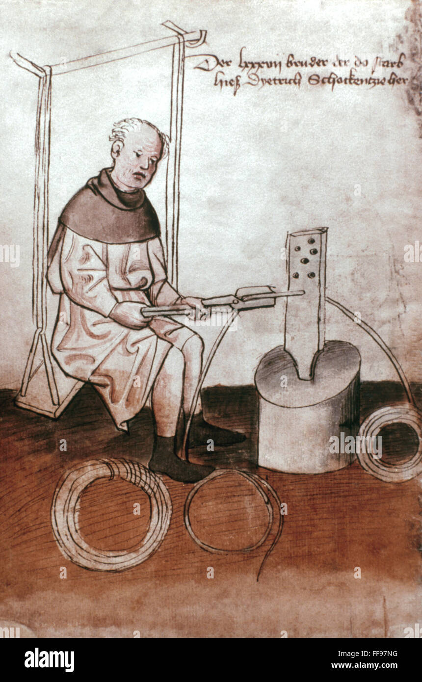 WIRE MAKER, 1418. /nThe drawing of soft iron or brass wire. German ...