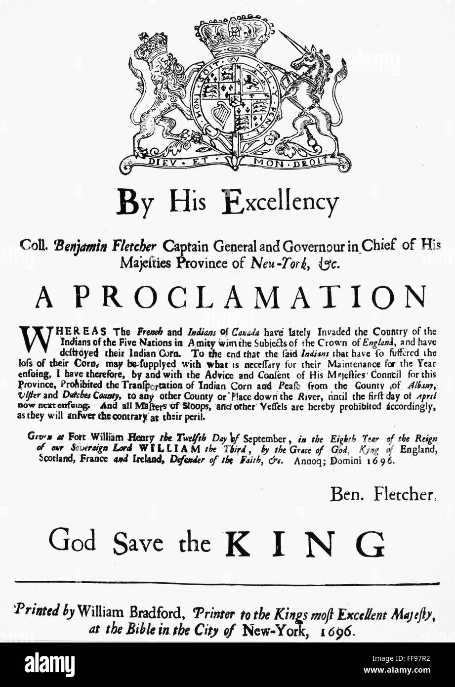 KING WILLIAM'S WAR, 1696. /nBroadside printed by William Bradford of ...
