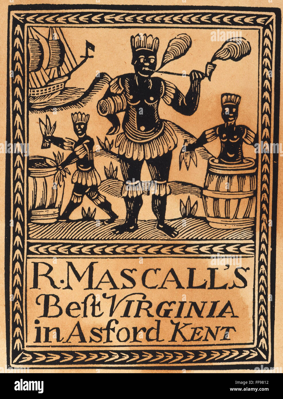 VIRGINIA: TOBACCO LABEL, 1700. /nSlaves on a Virginia plantation ...