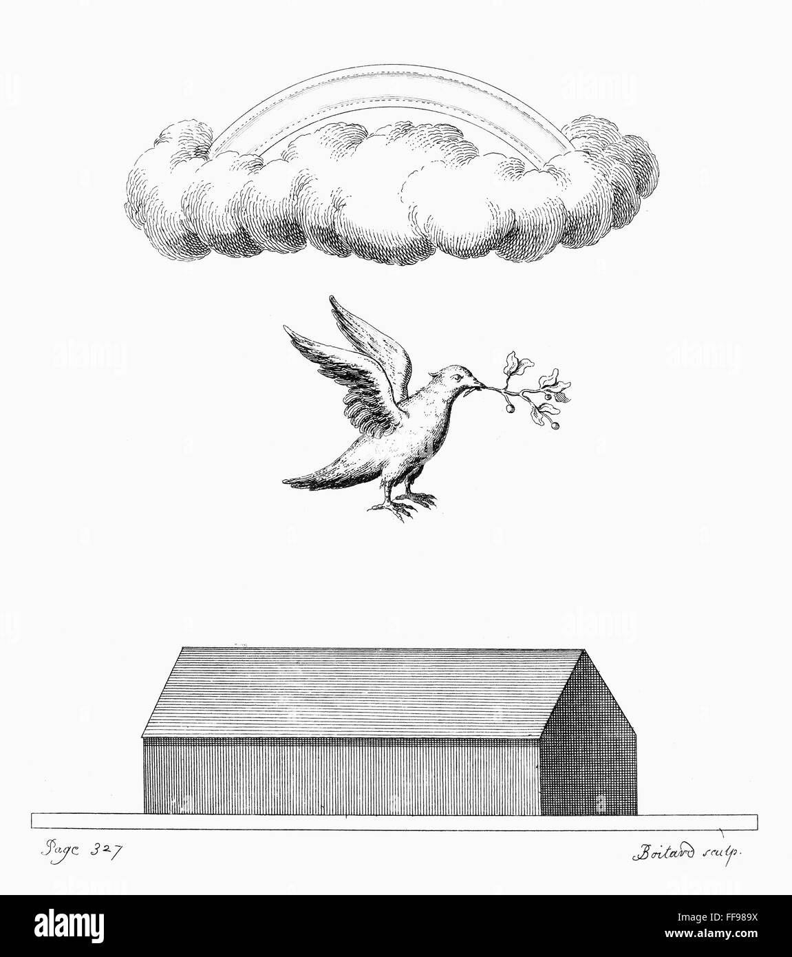 NOAH'S ARK. /nThe rainbow, the dove and the ark. Line engraving, French ...