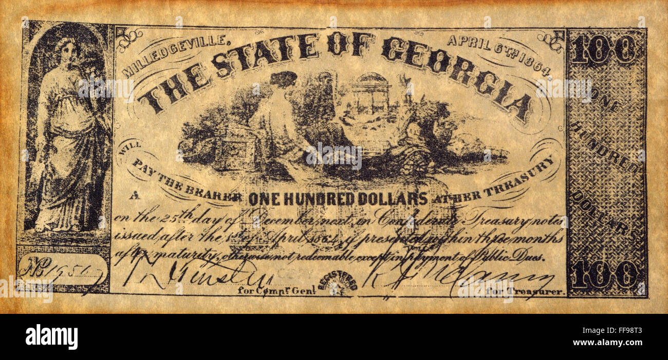 GEORGIA BANKNOTE, 1864. /nState of Georgia banknote for one hundred ...