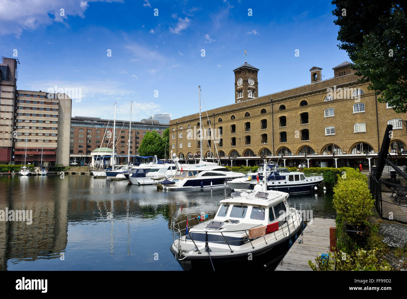 Boats moored in St Katharine Docks in London, United Kingdom Stock ...