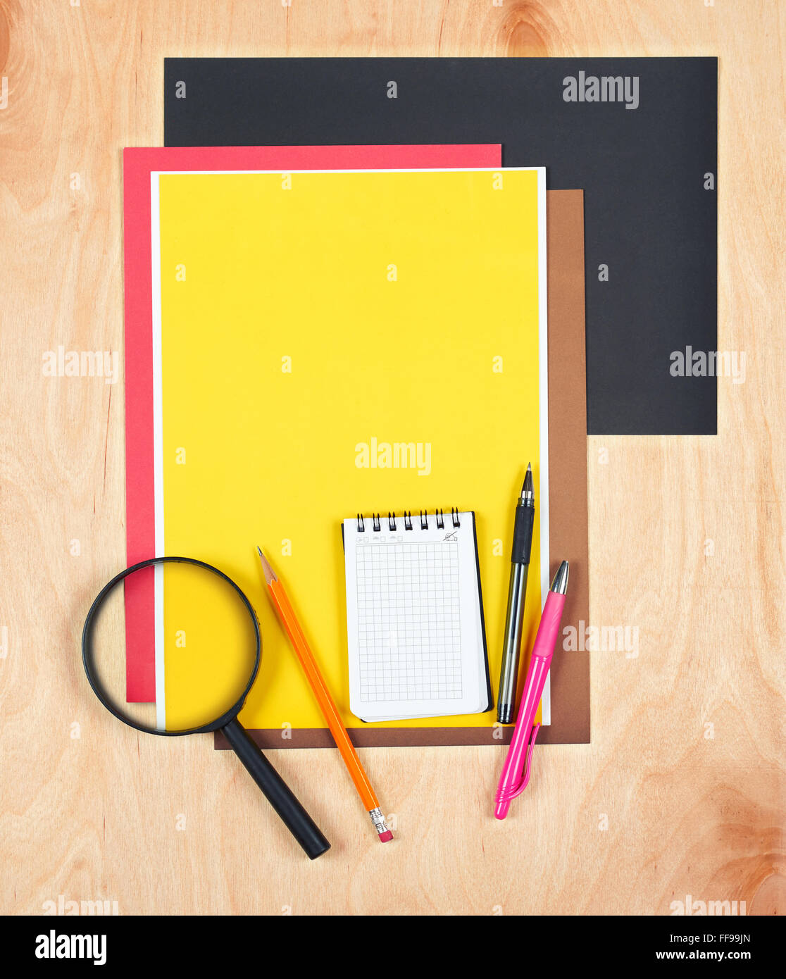 Flat lay office tools and supplies. Stationery on wood background. Flat ...