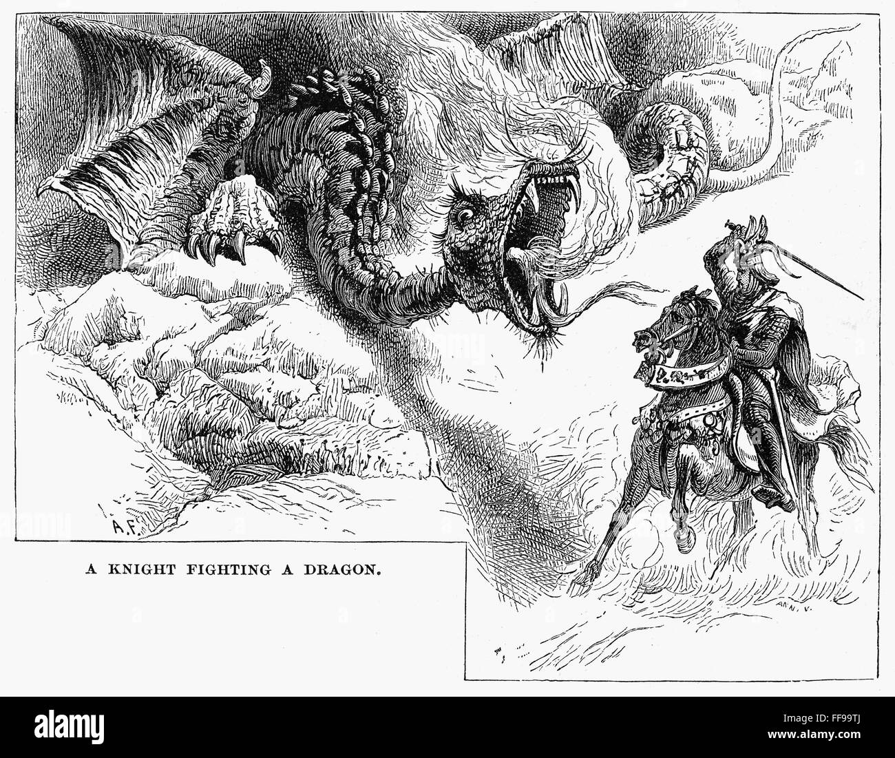 KNIGHT AND DRAGON. /nA knight errant fighting a dragon. Wood engraving ...