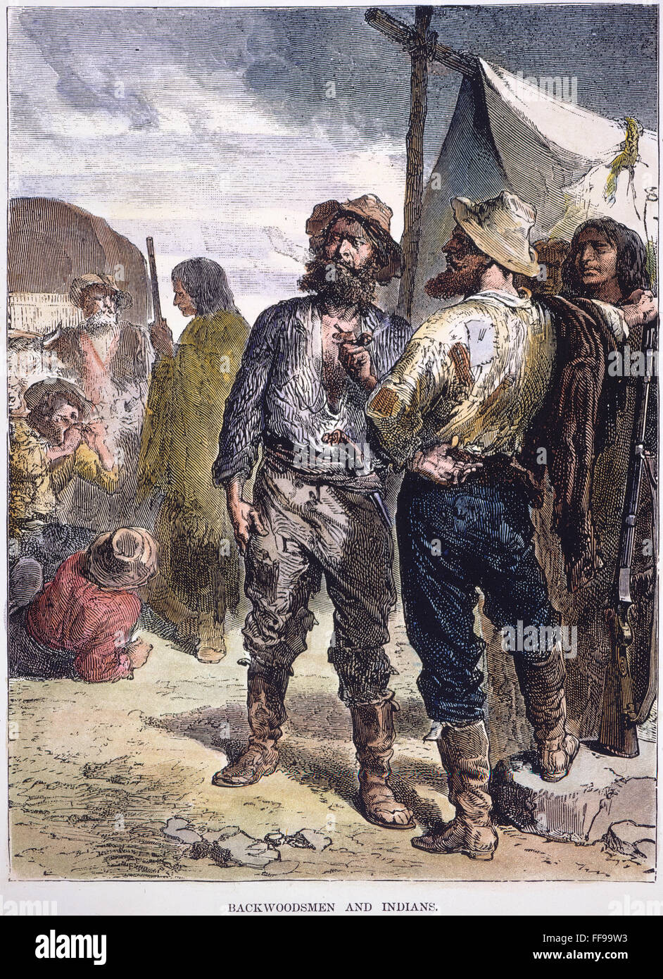 BACKWOODSMEN & NATIVE AMERICANS. /nWood engraving, late 19th century ...