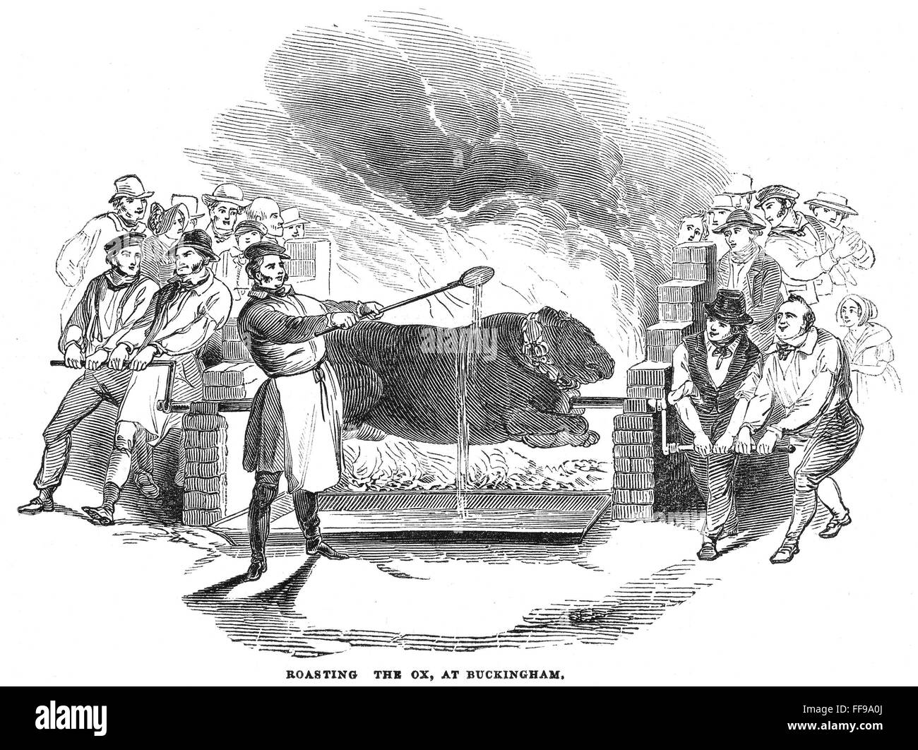 BARBECUE, 1844. /n'Roasting the ox, at Buckingham.' Wood engraving ...