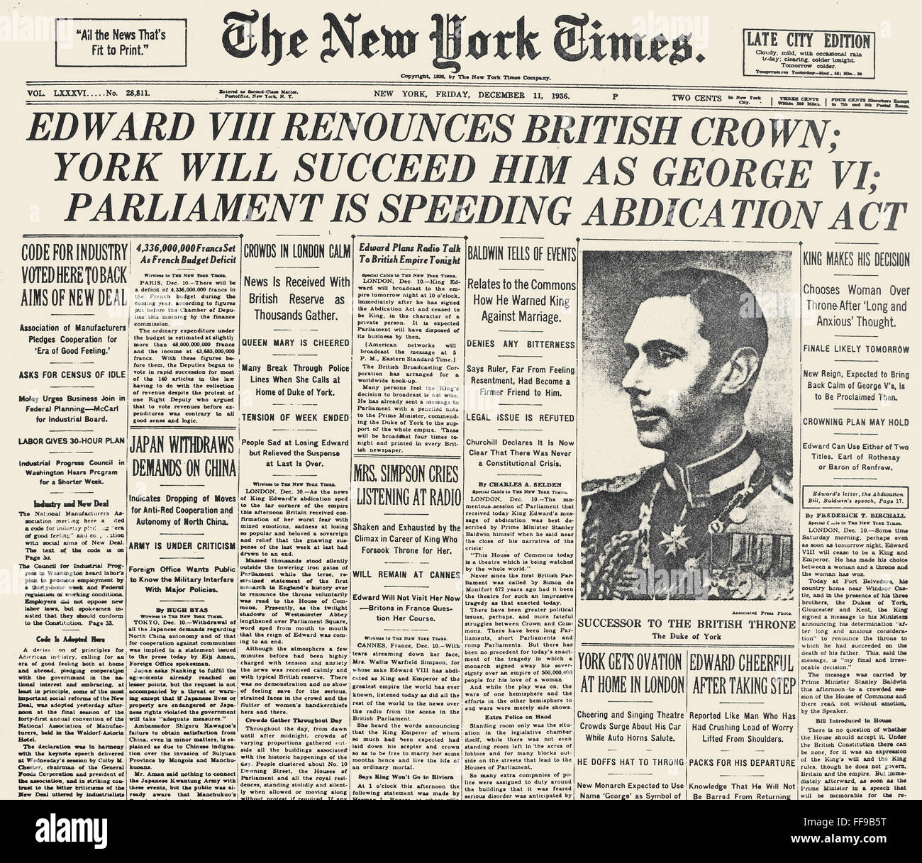 EDWARD VIII (1894-1972). /nKing of Great Britain, 1936. Front page of ...