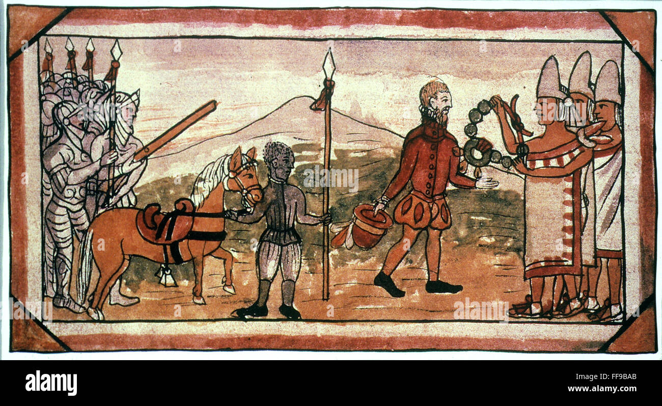 HERNANDO CORTES /nbeing greeted by a representative of Montezuma II ...