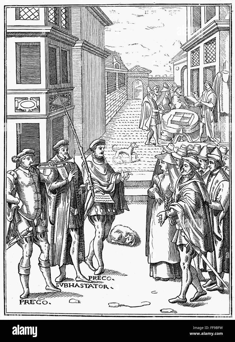 TOWN CRIER, 1557. /nThe town crier blowing his trumpet. Woodcut from ...