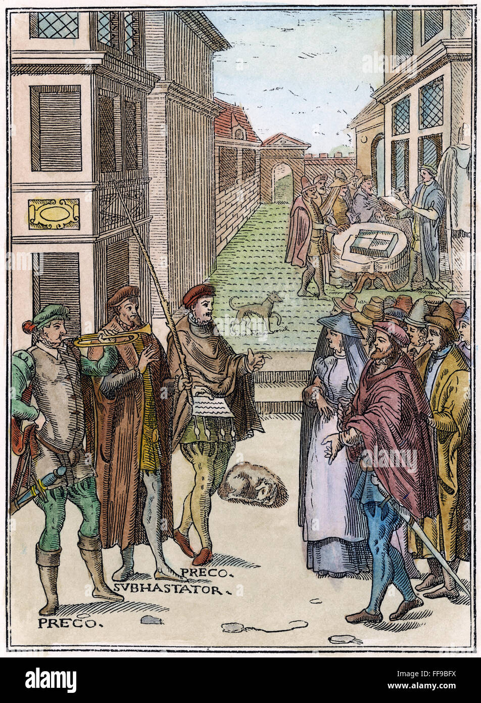 TOWN CRIER, 1557. /nThe town crier blowing his trumpet. Woodcut, from ...