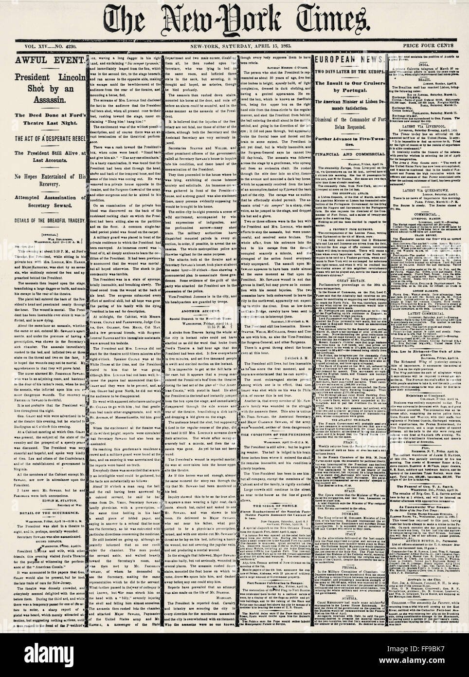 LINCOLN ASSASSINATION, 1865. /nFront page of the 'New York Times,' 15 ...