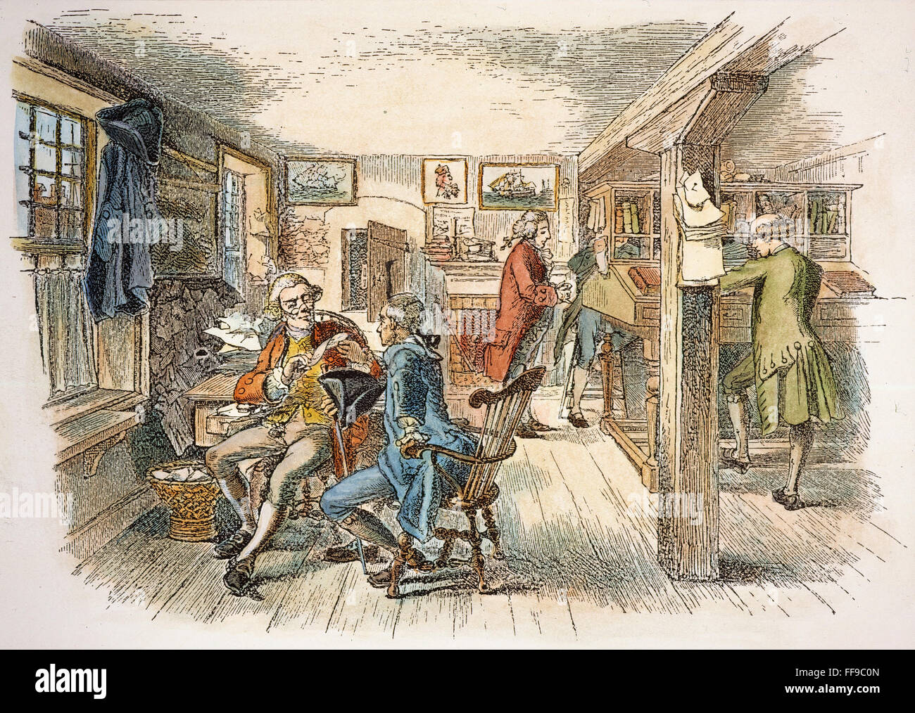 COLONIAL BANK. /nA counting room in colonial America. Pen-and-ink ...