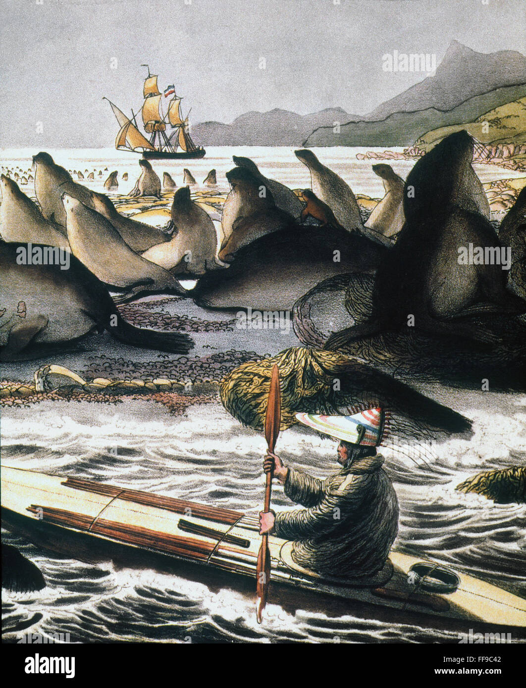ALEUT HUNTER, 1816. /nAn Aleut hunter wearing a wooden peaked hat, in ...