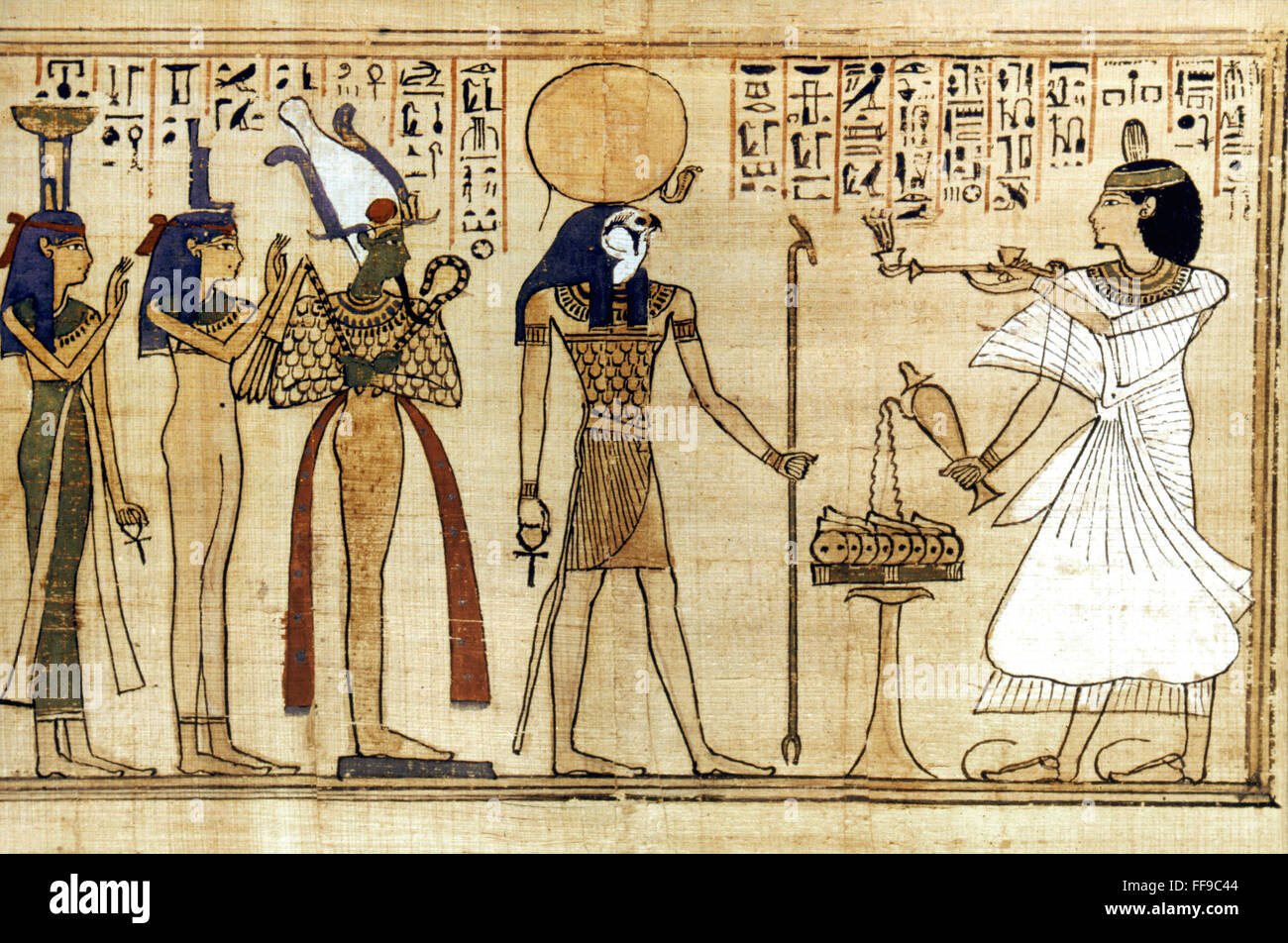 EGYPT: BOOK OF THE DEAD. /nThe god Ra-Harakhti, center, on an Egyptian ...