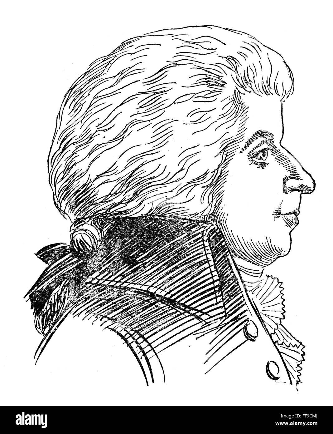 WOLFGANG AMADEUS MOZART /n(1756-1791). Austrian composer. Line drawing ...
