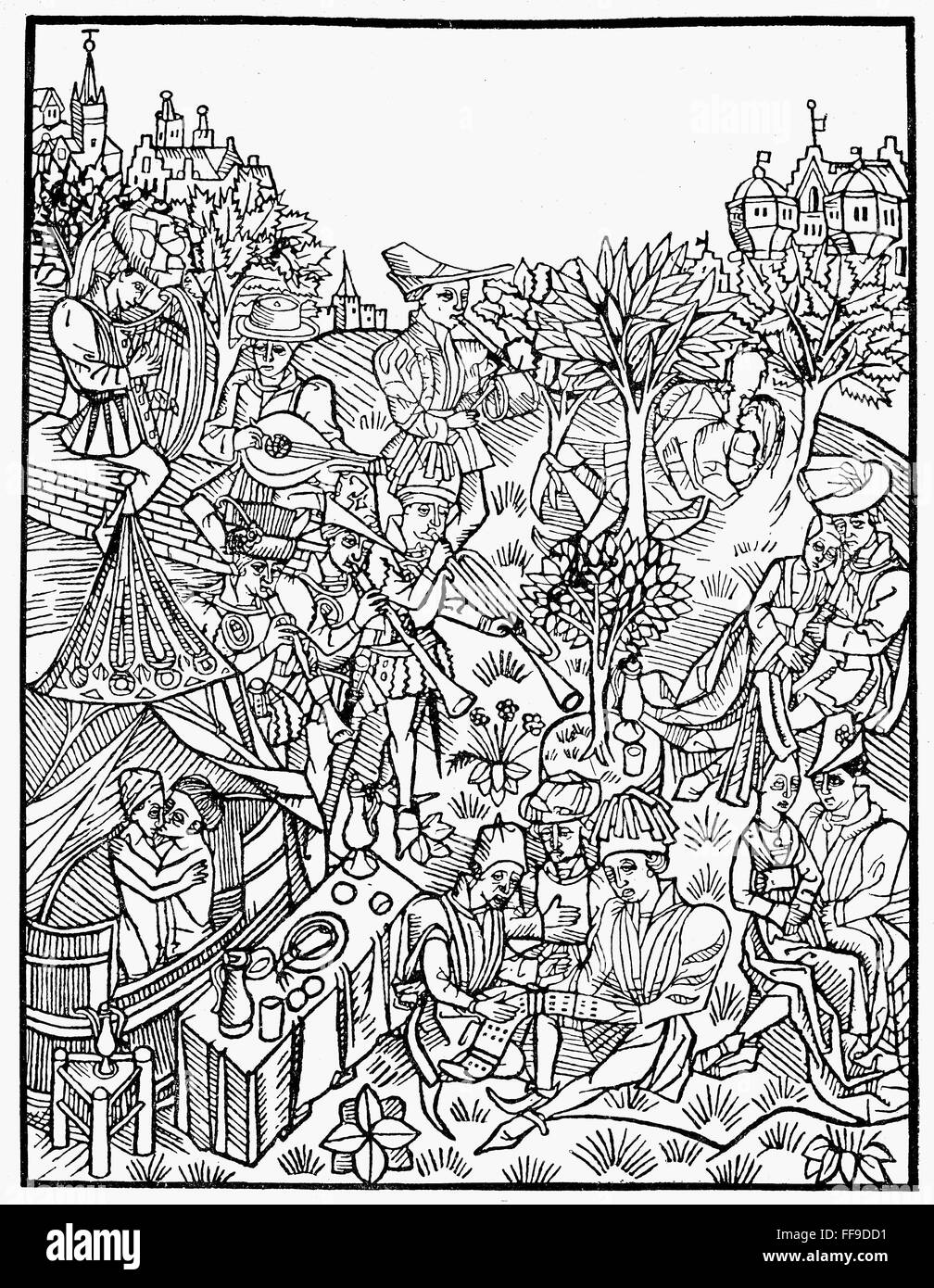 LOVE AND DALLIANCE. /nPen and ink drawing from a medieval housekeeping ...