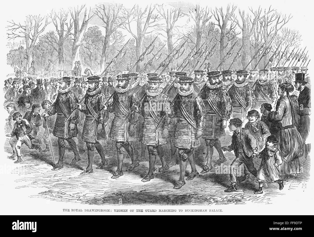 YEOMAN OF THE GUARD, 1869. /nMarching to Buckingham Palace, London ...