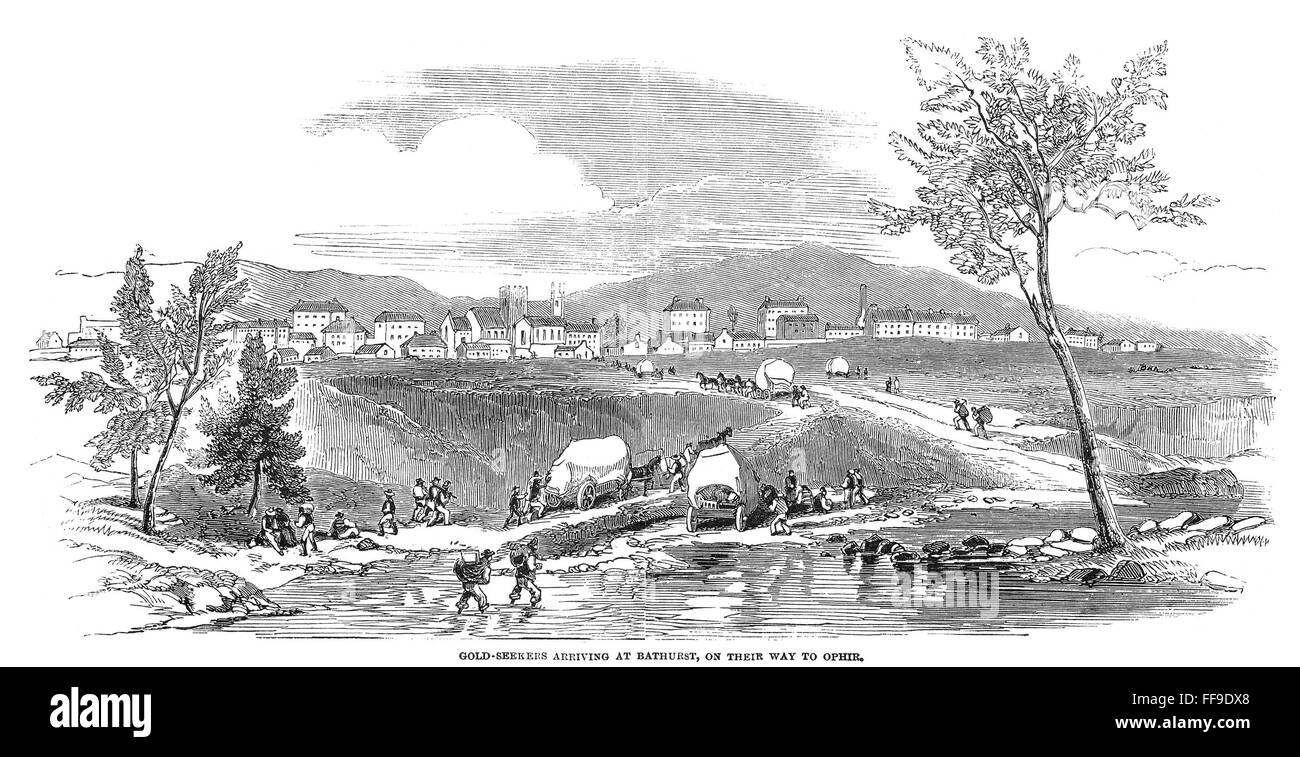 AUSTRALIAN GOLD RUSH, 1851. /nGold seekers arriving at Bathurst ...