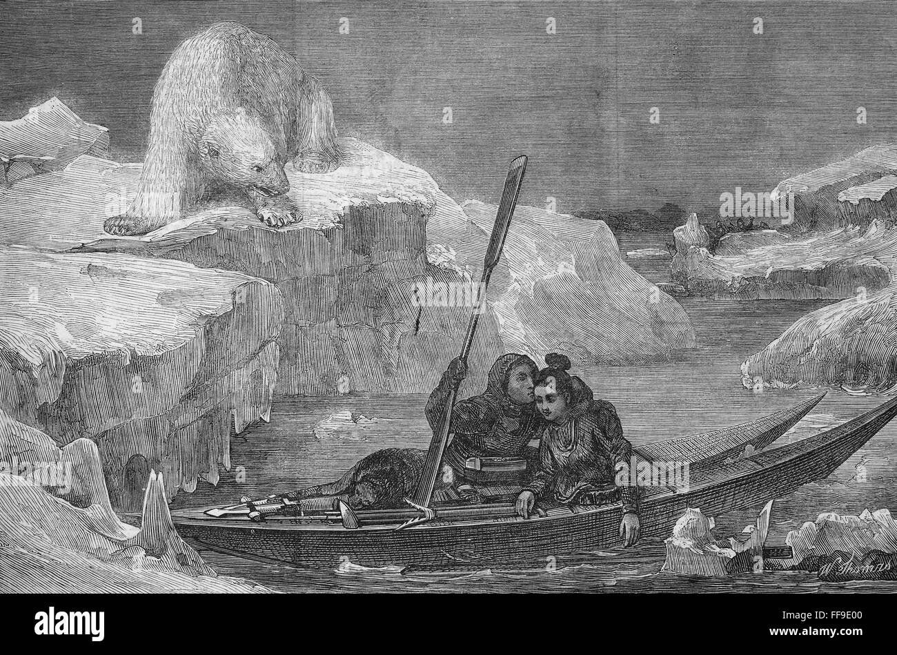 ESKIMOS IN KAYAKS, 1866. /nAn Eskimo couple in kayaks. Wood engraving ...
